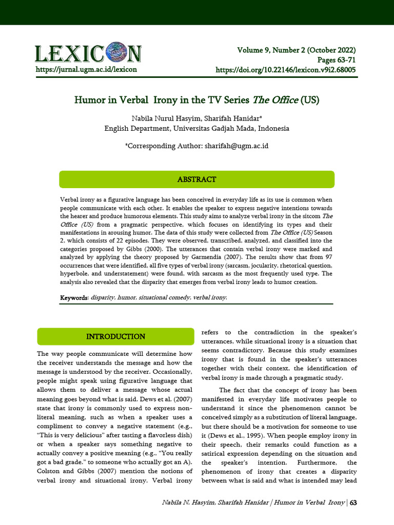 Verbal Irony in A TV Series The Office U | PDF | Irony | Humour