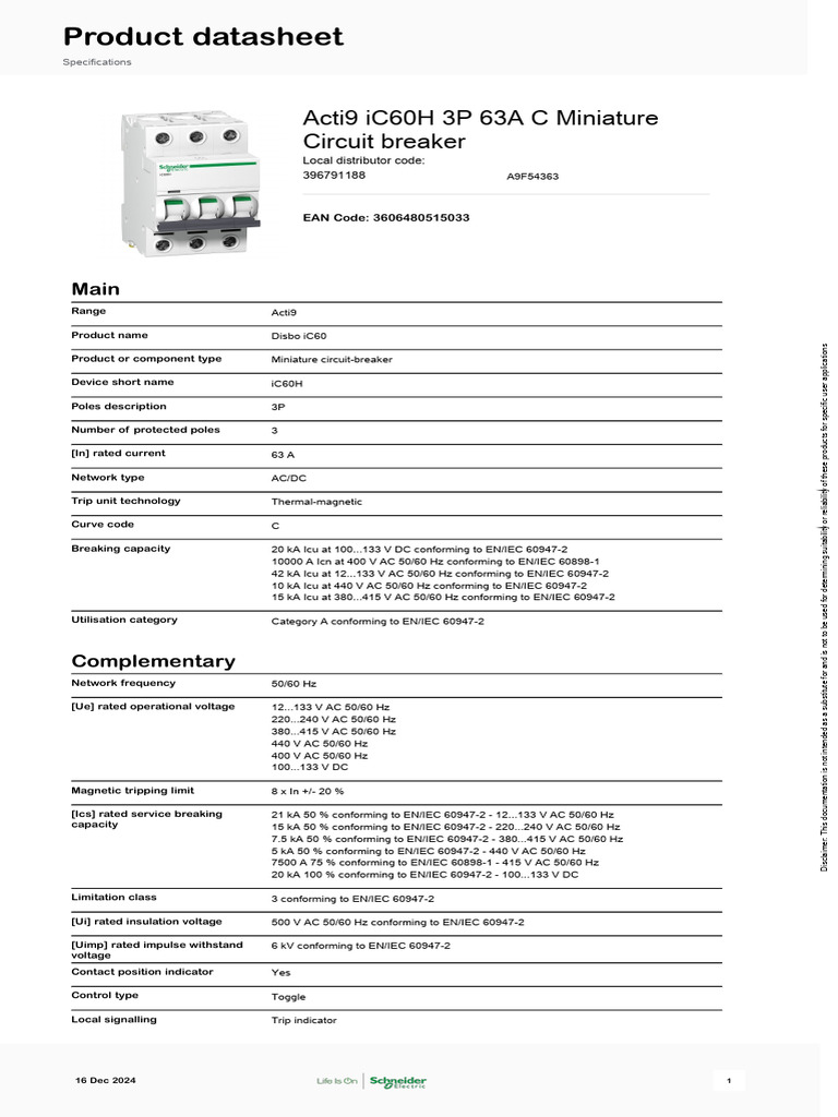 Schneider Electric - Miniature-Circuit-Breaker-Acti9-iC60 - A9F54363 | PDF | Alternating Current ...