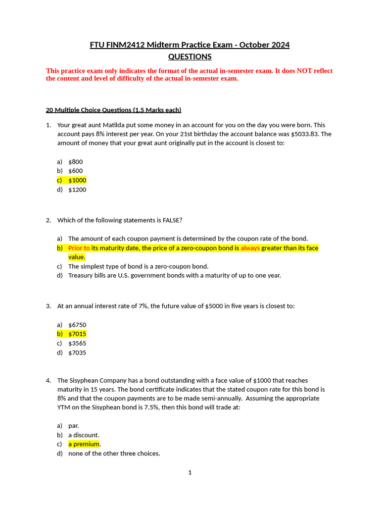 FTU-UQ FINM2412 2024-Oct Practice Midterm Exam Questions | PDF | Bonds (Finance) | Interest