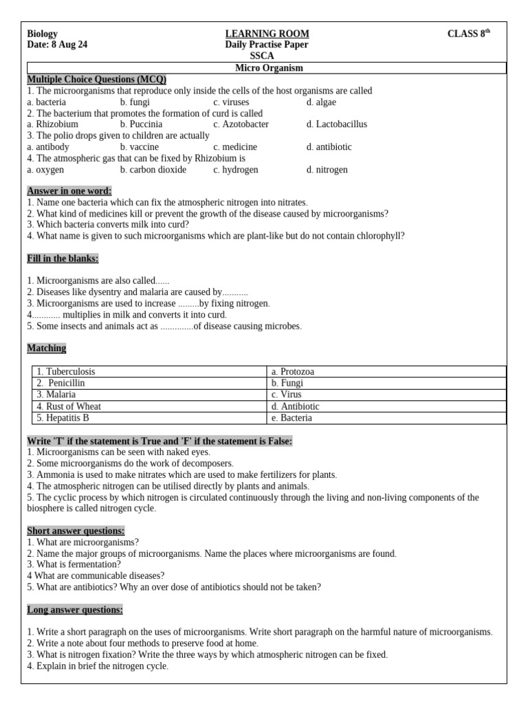 Microorganisms in Daily Life for Class 8 | PDF | Microorganism | Yeast