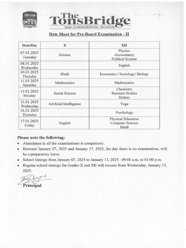 Date Sheet Pre-Board Examination - II (Grade X & XII) | PDF