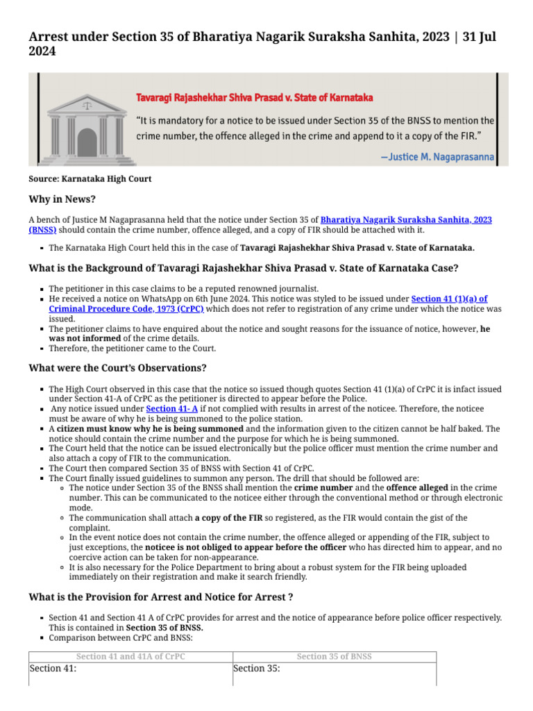 Karnataka HC on Section 35 BNSS Notice | PDF | Arrest | Arrest Warrant