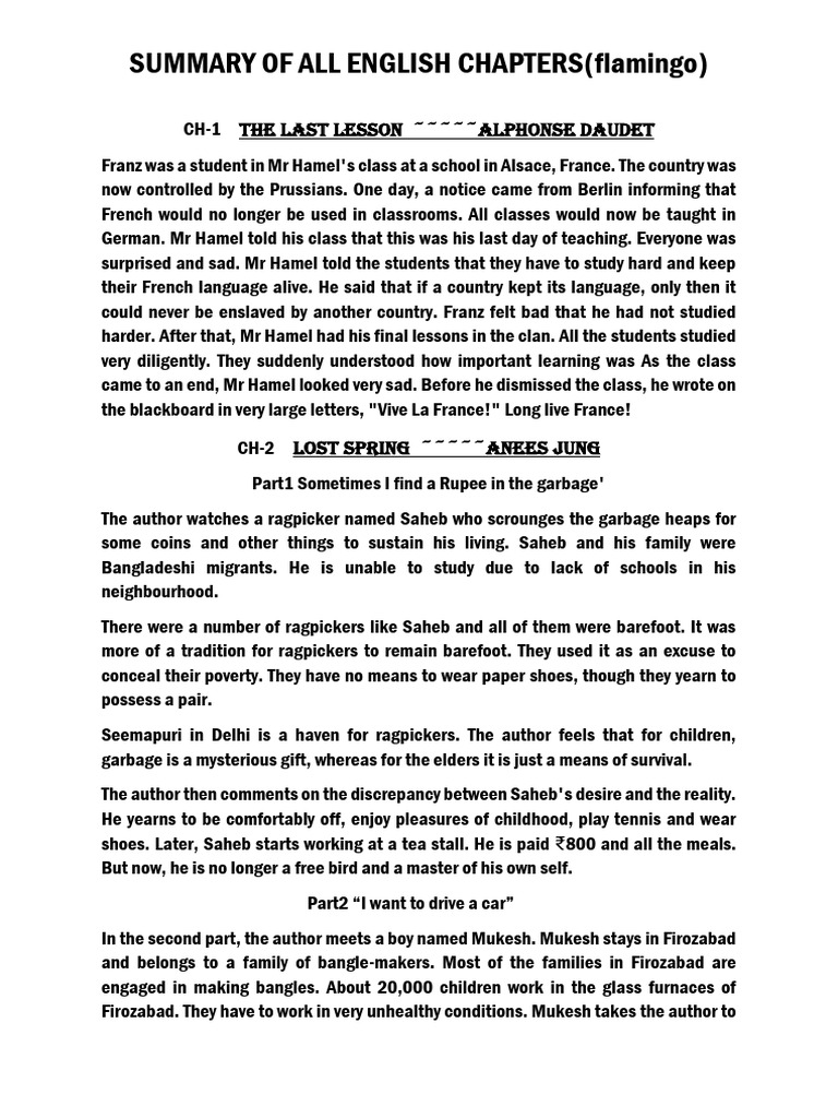SUMMARY of Flamingo Chapters English | PDF