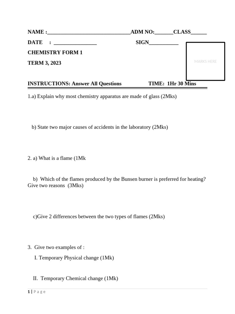 Chemistry Form 1 Exam Paper | PDF | Atoms | Ion
