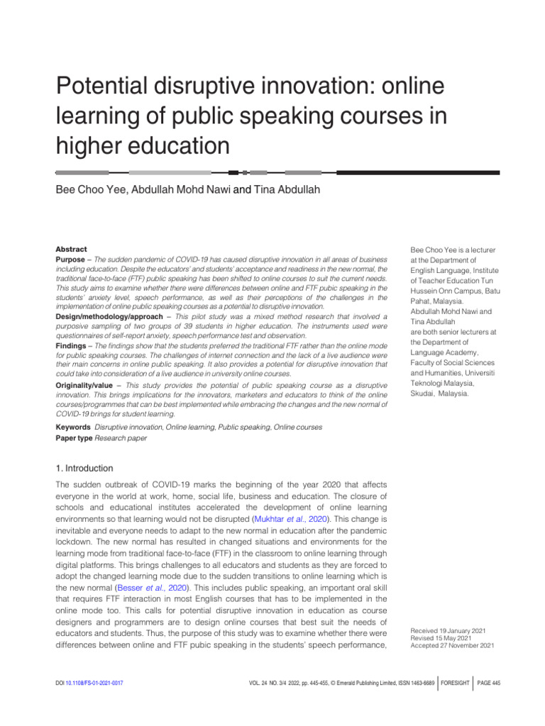 Disruptive Innovation in Online Public Speaking | PDF | Nonverbal ...
