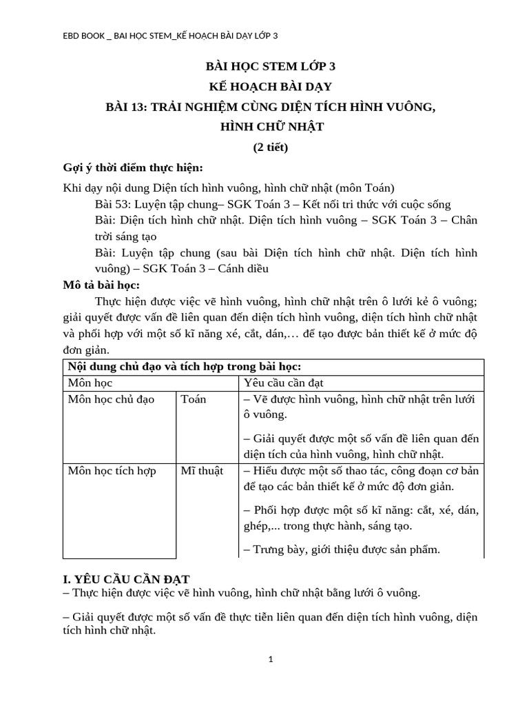 BH STEM 3 - BàI 13 - Trải nghiệm cùng diện tích hình vuông và hình chữ nhật - KHBD | PDF