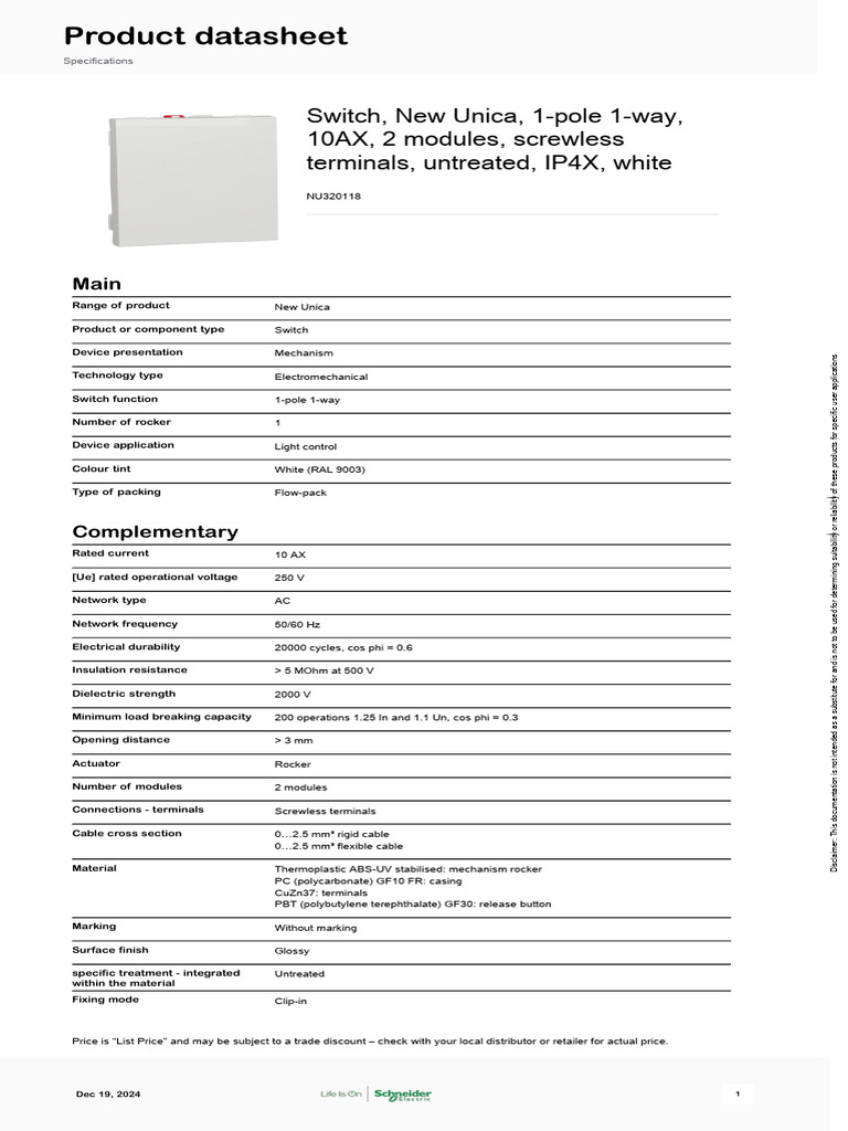 New Unica 1-Pole Light Switch 10AX | PDF | Materials | Electrical ...