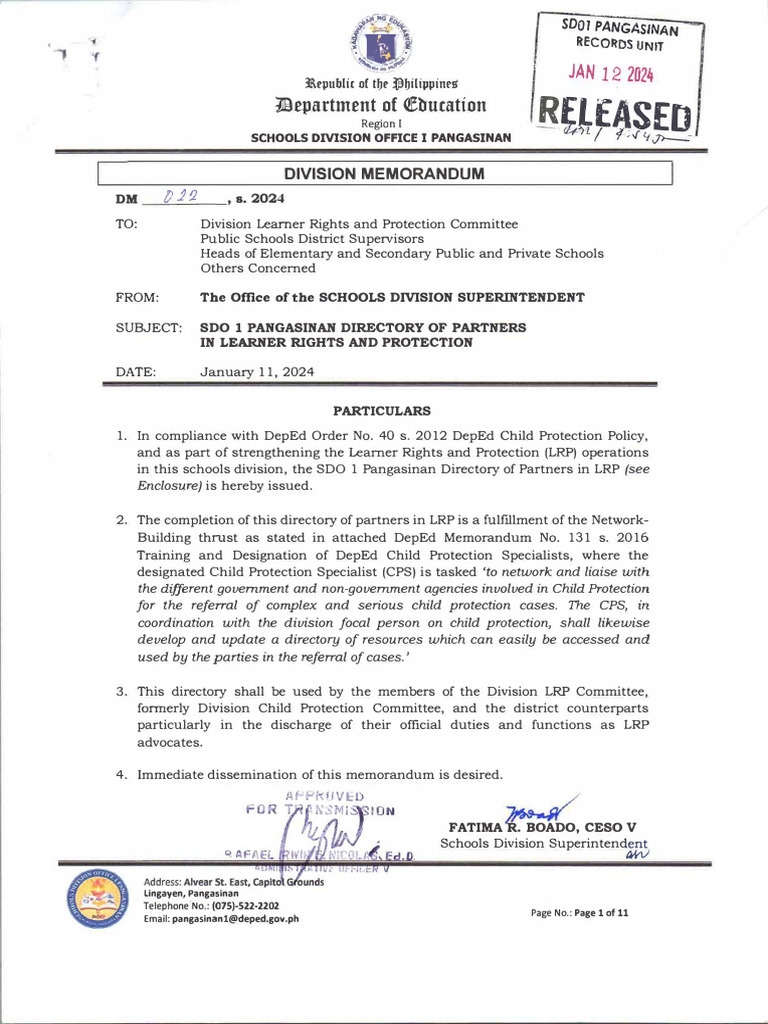 DM022s2024-SDO 1 Pangasinan Directory of Partners in Learner Rights and ...