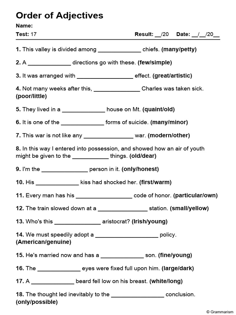 Grammarism Order of Adjectives Test 17 1597429 | PDF