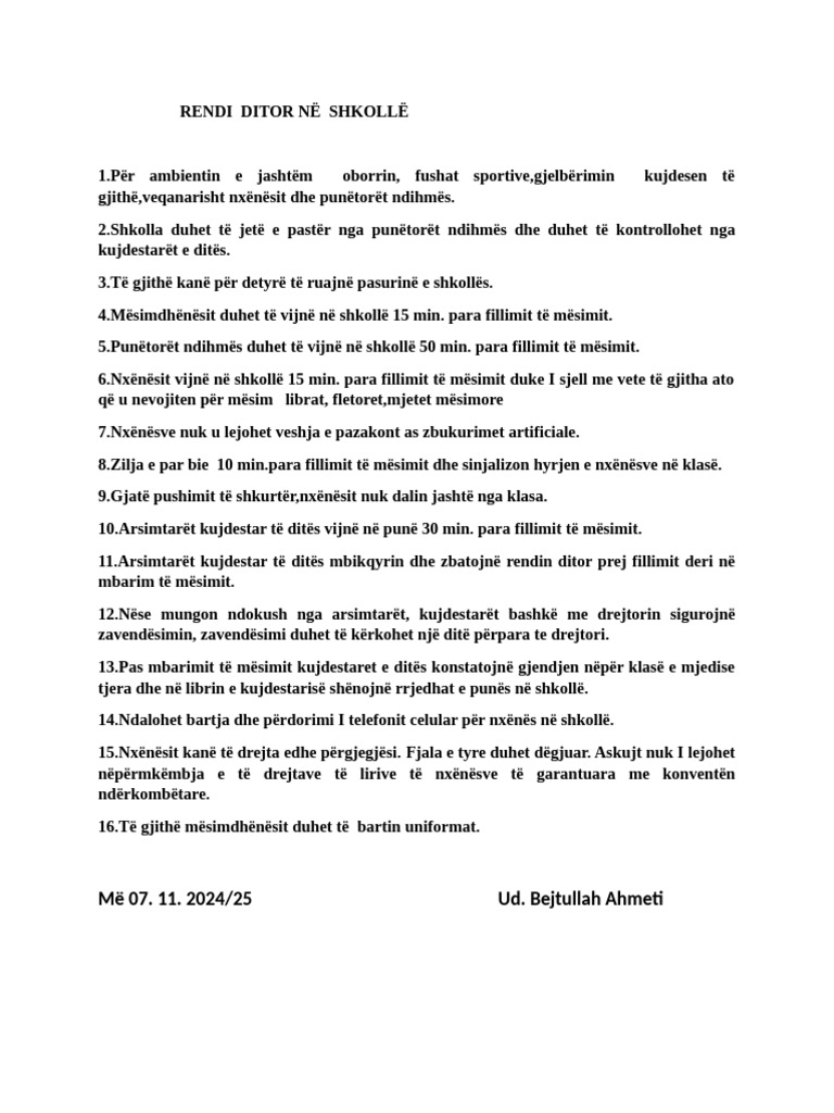 Rregullorja e Shkolles | PDF
