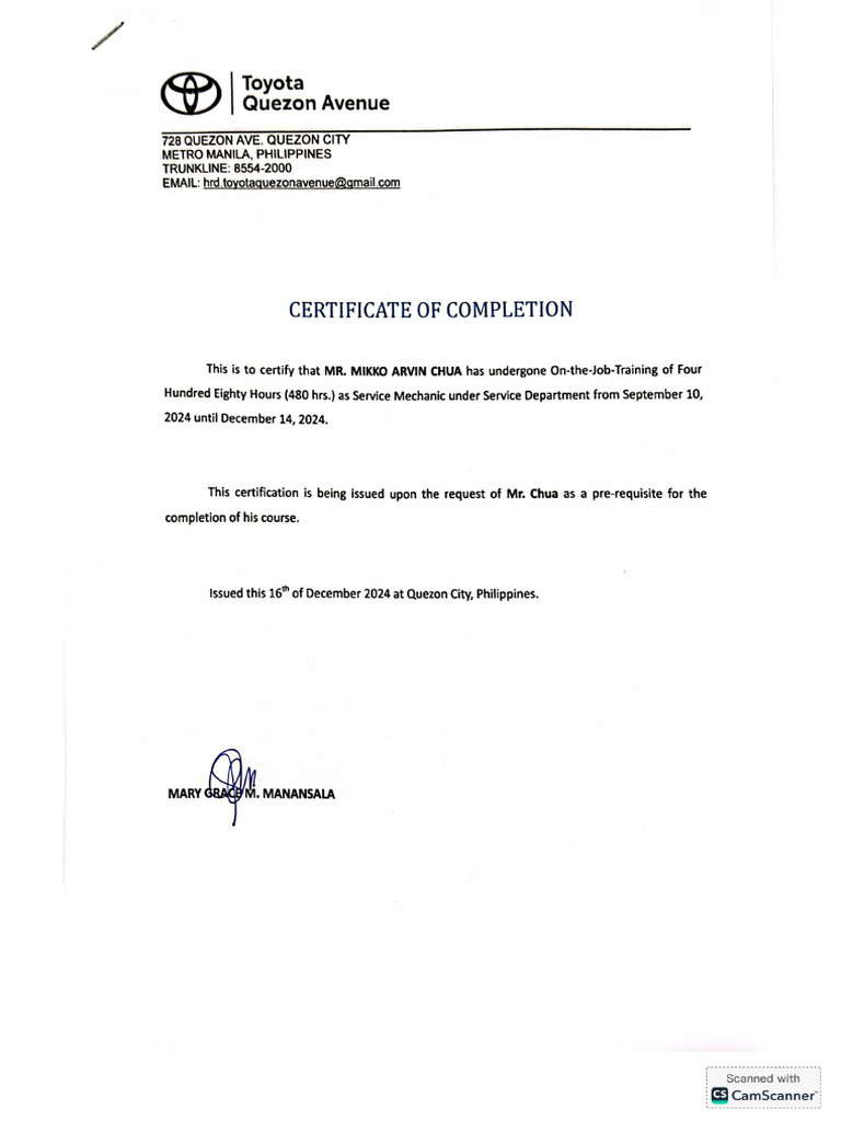 CERTIFICATION OF COMPLETION - CHUA, MIKKO ARVIN (1) | PDF