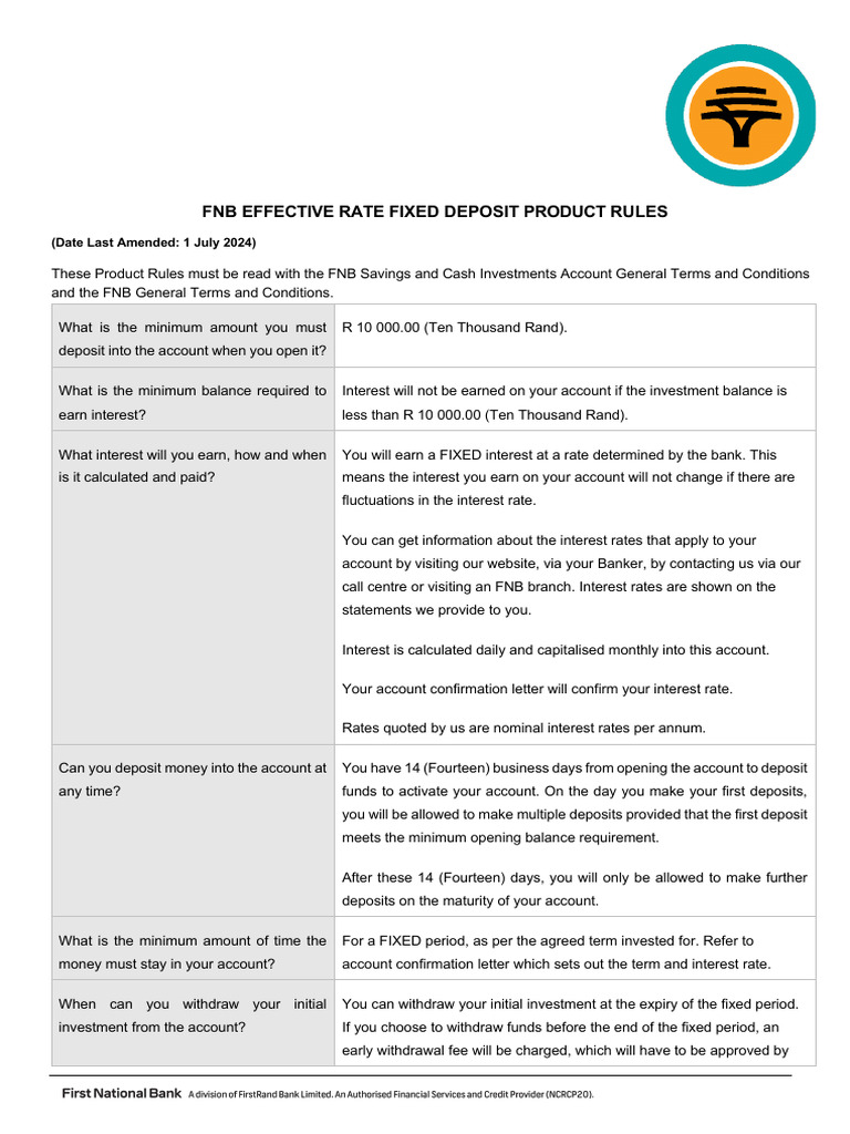 FNB Fixed Deposit Rules 2024 | PDF | Interest | Interest Rates