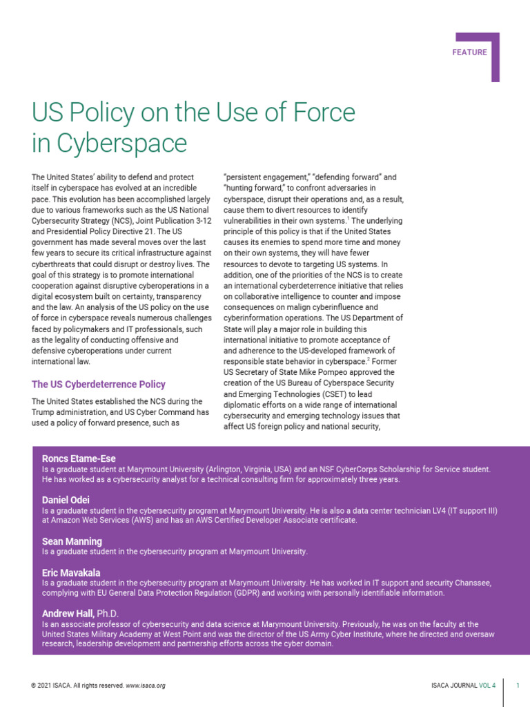 US Policy On The Use of Force in Cyberspace - Joa - Eng - 1004 | PDF | Computer Security | Security