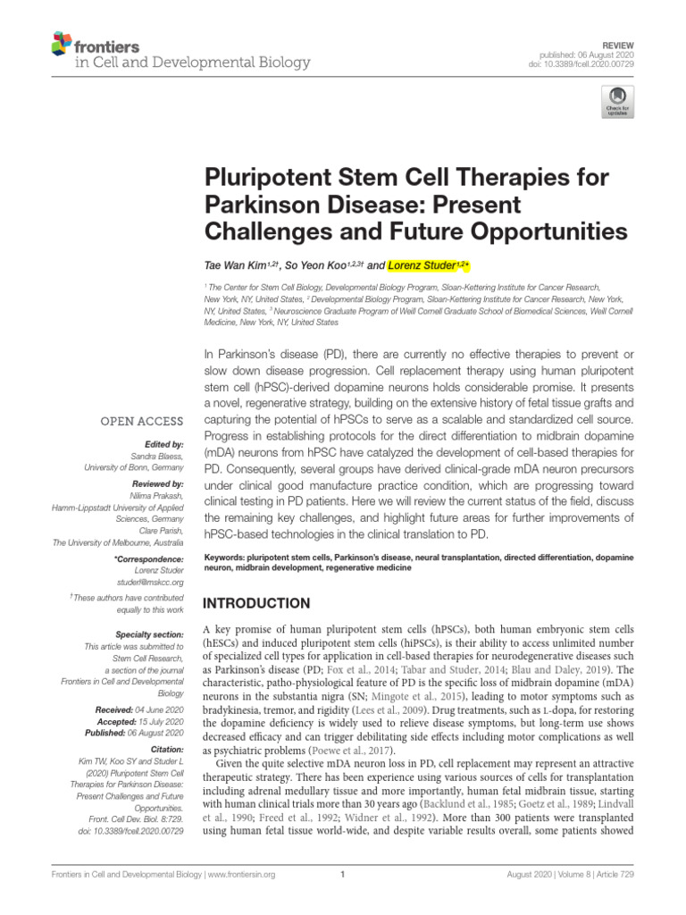 2020 Pluripotent Stem Cell Therapies for Parkinson Disease Present Challenges and Future ...