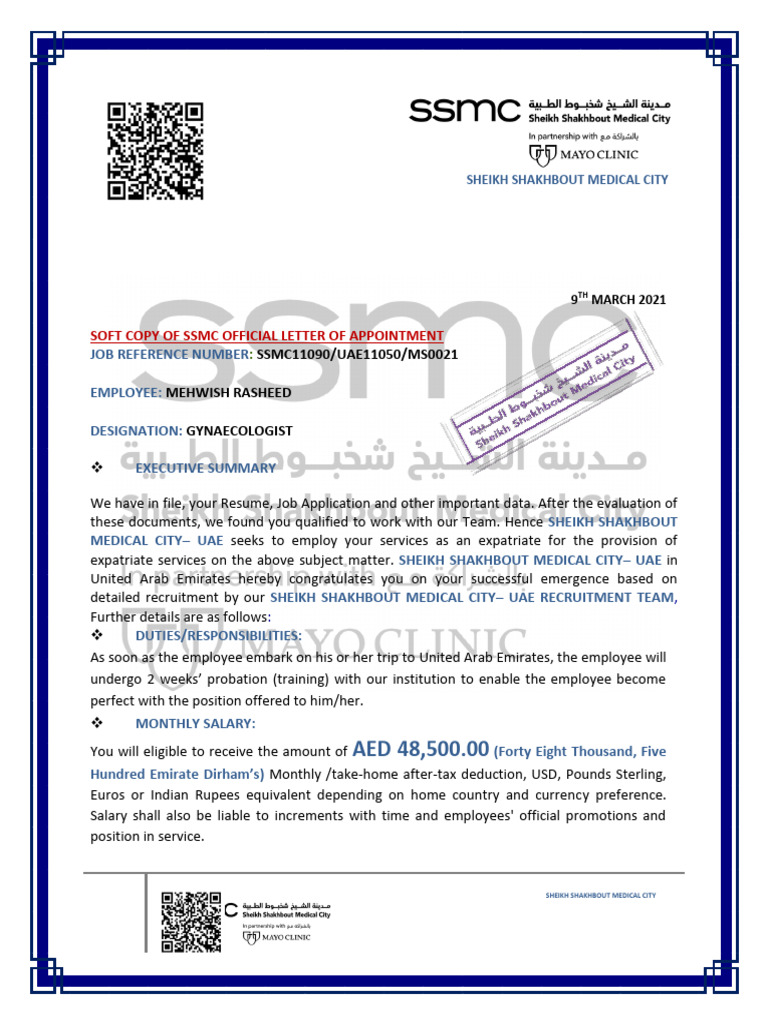 SSMC Abu Dhabi Job Offer Details | PDF | United Arab Emirates | Employment