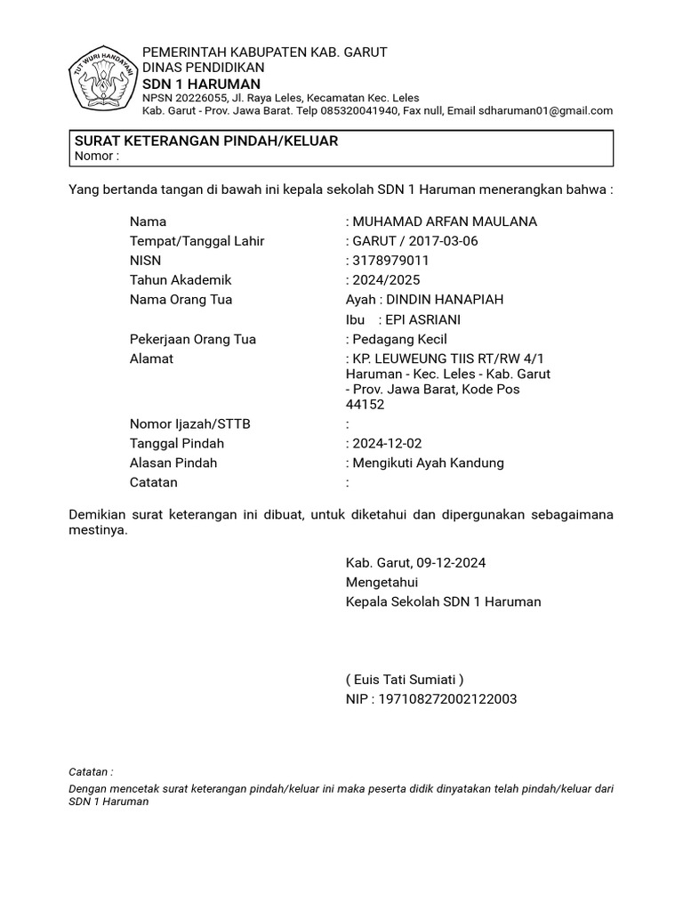 Surat Mutasi Dapodik Arfan | PDF