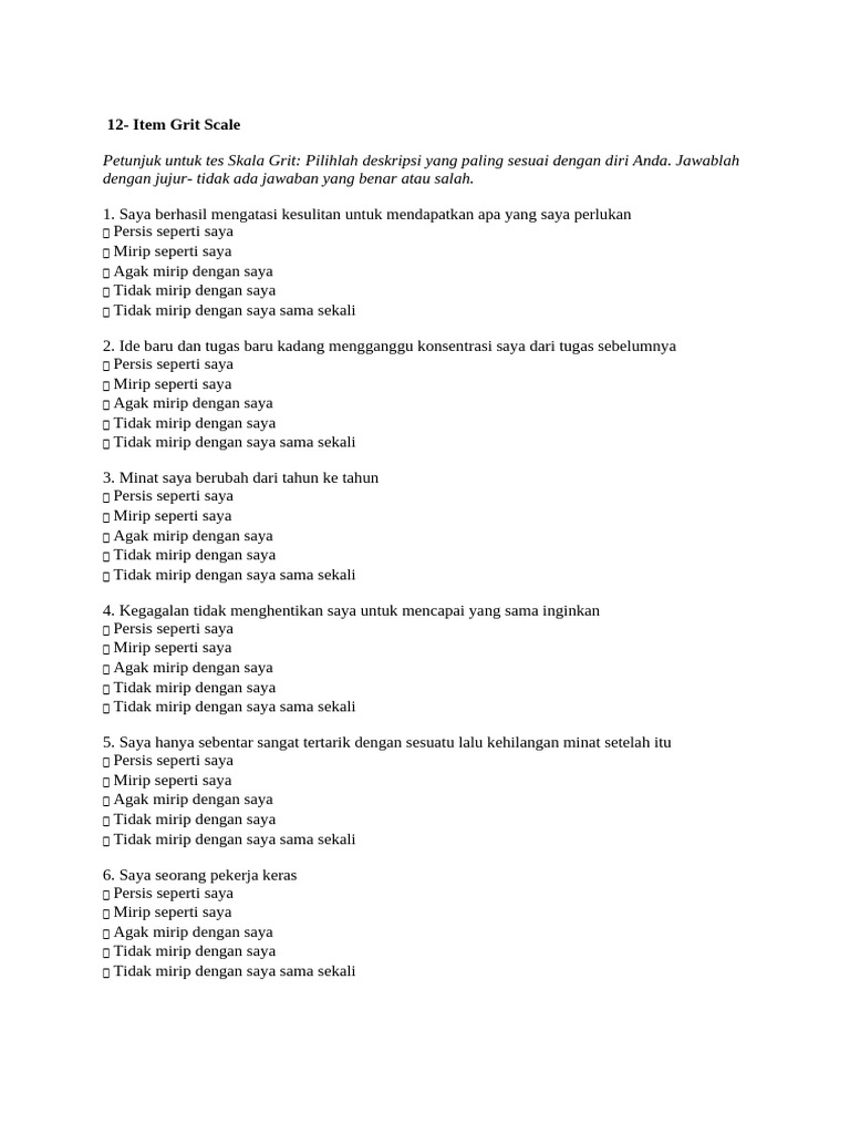 Skala Grit 12 Item untuk Penilaian Diri | PDF
