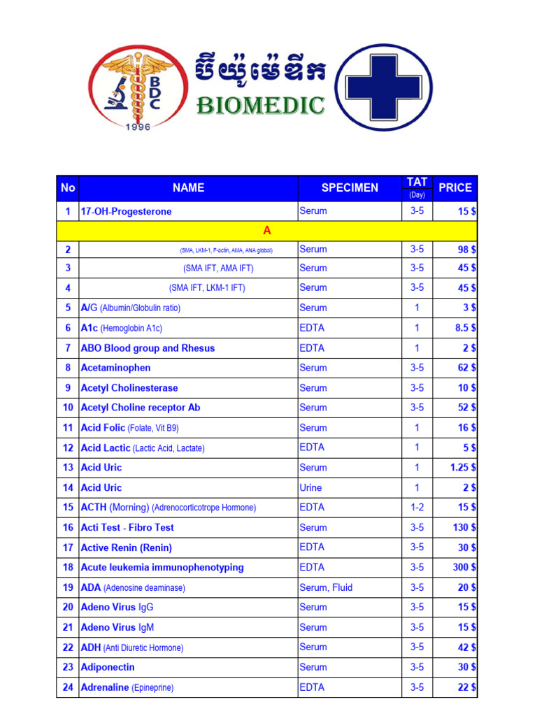 Biomedic Lab Tests Price List | PDF | Blood Plasma | Hepatitis C