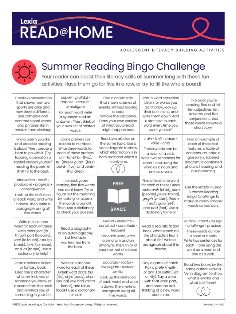 Family Summer Reading Bingo Challenge Grade Adolescent | PDF | Word ...