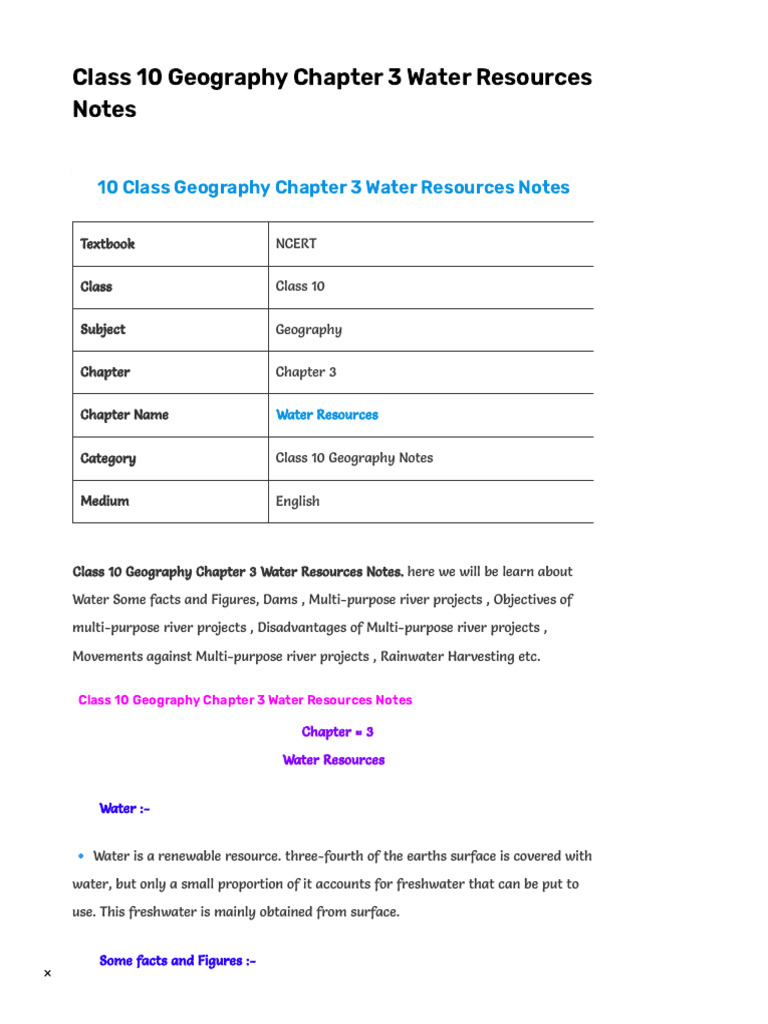 Class 10 Geography Chapter 3 Water Resources Notes | PDF | Water ...