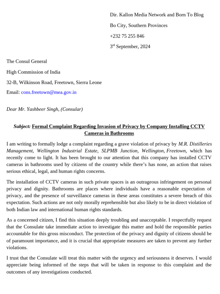 Letter To India Consul | PDF | Privacy | Closed Circuit Television