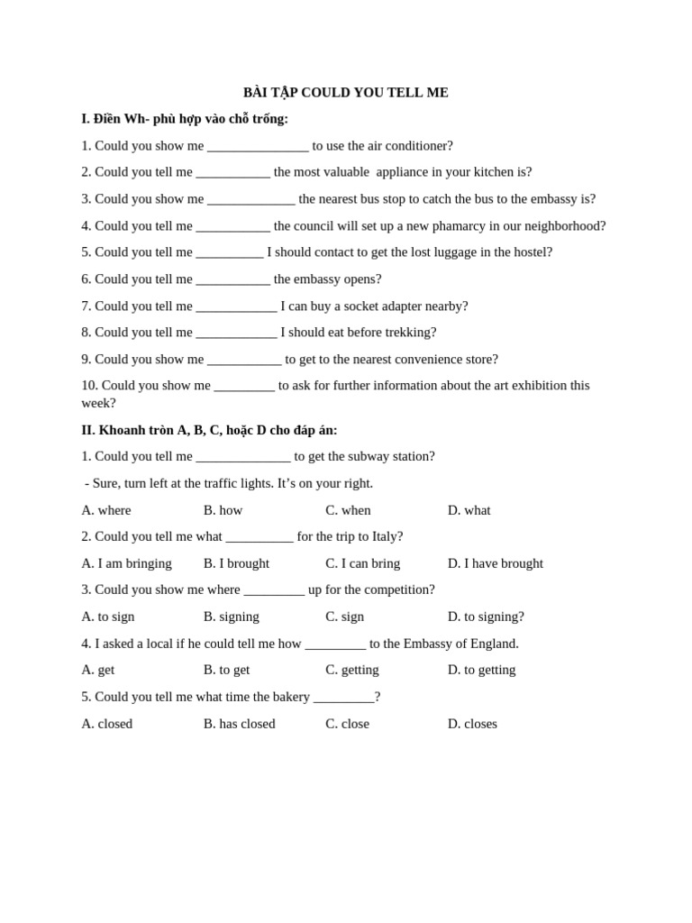 Exercises on "Could You Tell Me" | PDF
