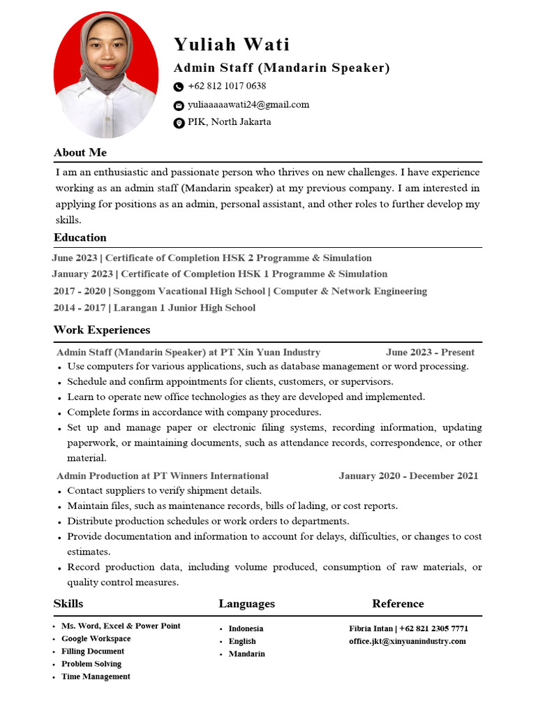 Yuliah Wati: Admin Staff (Mandarin Speaker) | PDF