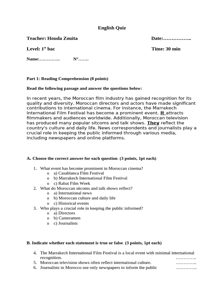 Gateway, 1st Bac, Unit 3 Quiz | PDF | Vocabulary | Morocco