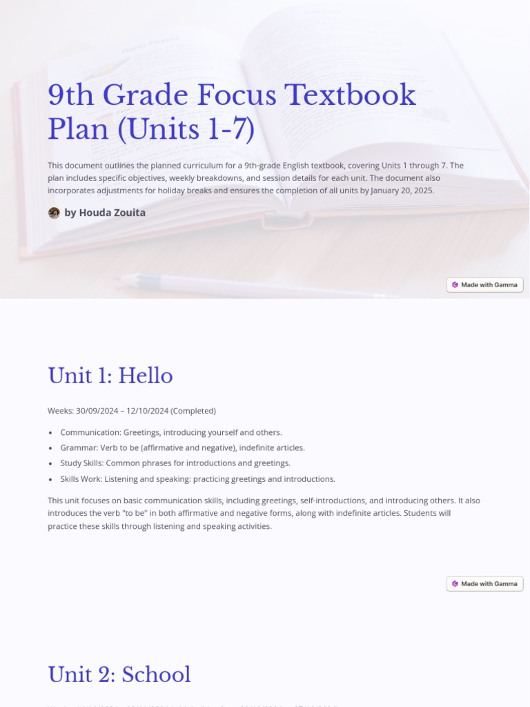 9th Grade Focus Textbook Plan Units 1 7 | PDF | English Language | Verb