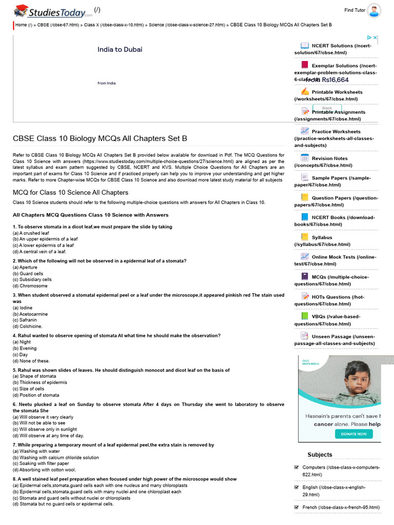 CBSE Class 10 Biology MCQs All Chapters Set B, Multiple Choice Questions | PDF | Cellular ...