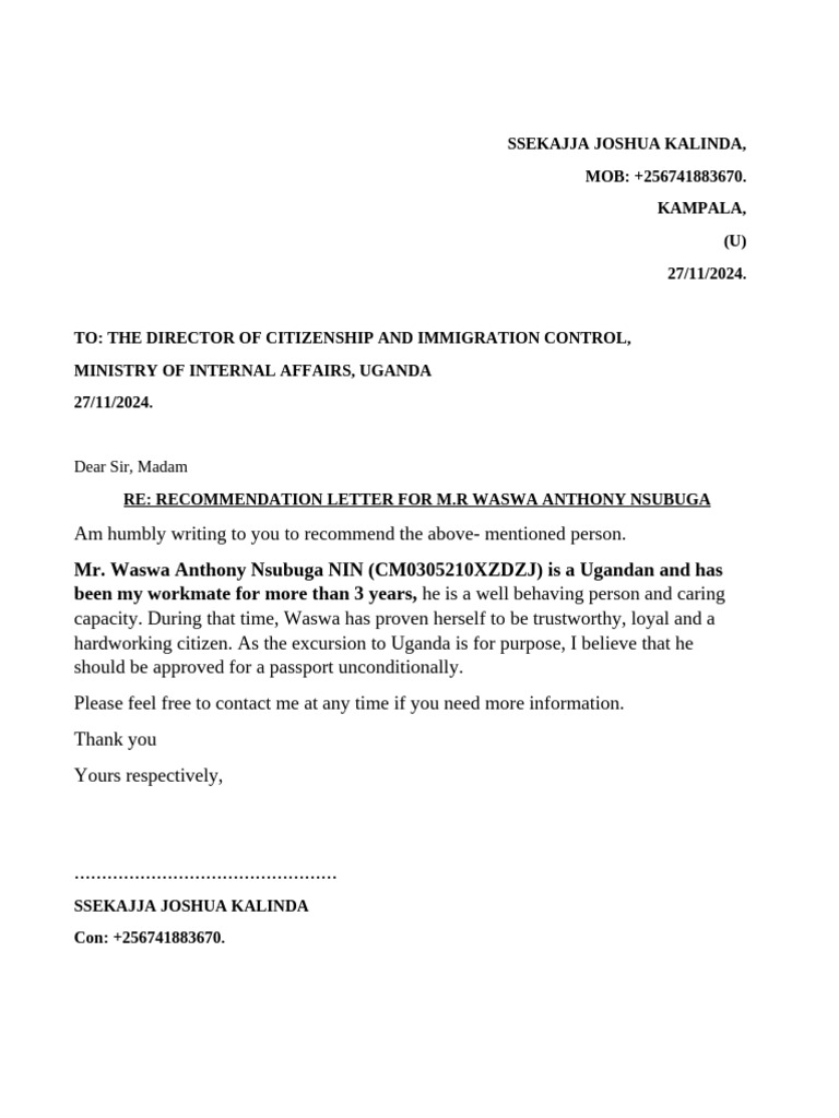 Recommendation Letter Passport | PDF