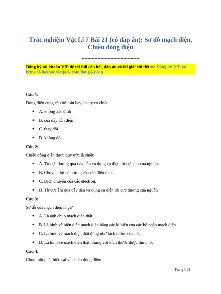Trac Nghiem Vat Li 7 Bai 21 Co Dap An So Do Mach Dien Chieu Dong Dien - 2024 - 12 - 17 | PDF