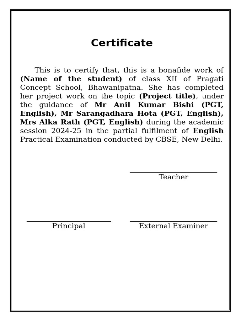 CBSE Class XII English Project Certificate | PDF