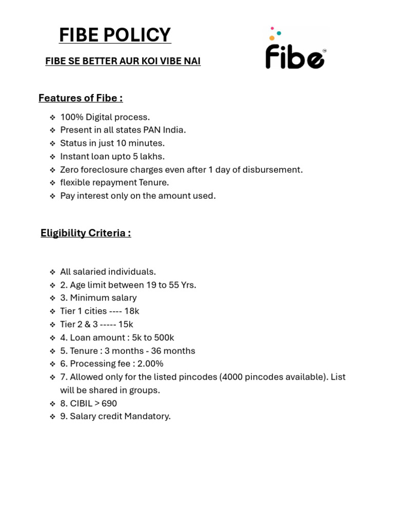 FIBE Loan Features and Eligibility Criteria | PDF