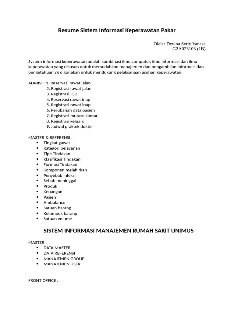 Resume Sistem Informasi Keperawatan Pakar | PDF