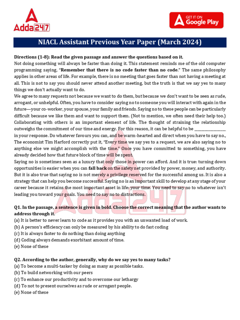 NIACL Assistant Previous Year Paper March 2024 | PDF | Vowel