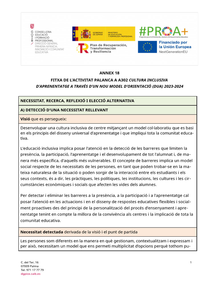 Annex 18 Fitxa A302 Cultura Inclusiva Dua | PDF