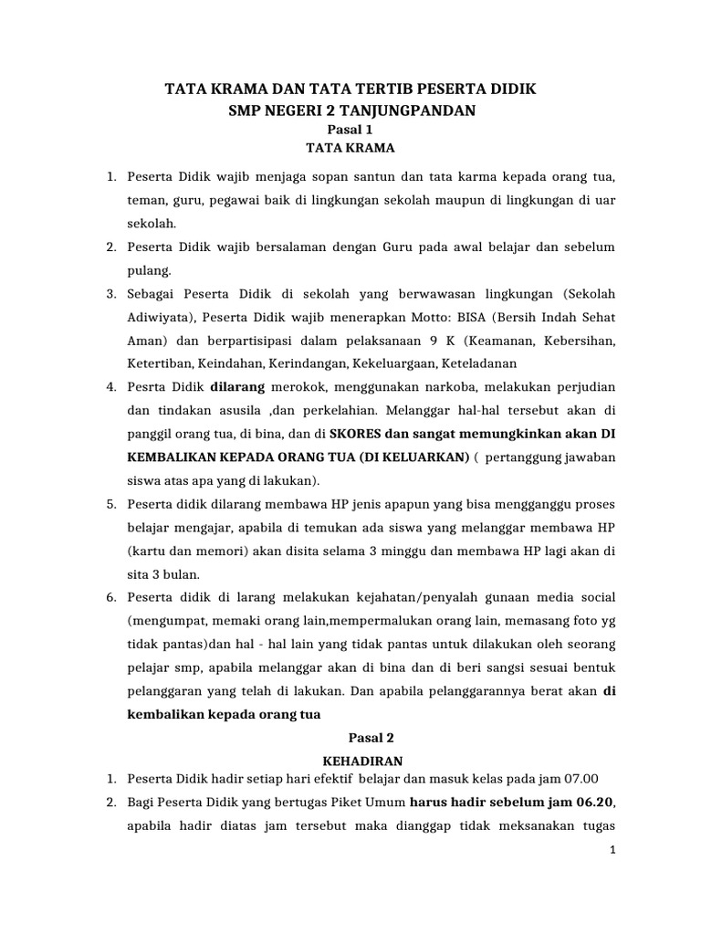 Tata Krama Dan Tata Tertib Peserta Didik SMP Negeri 2 Tanjungpandan | PDF