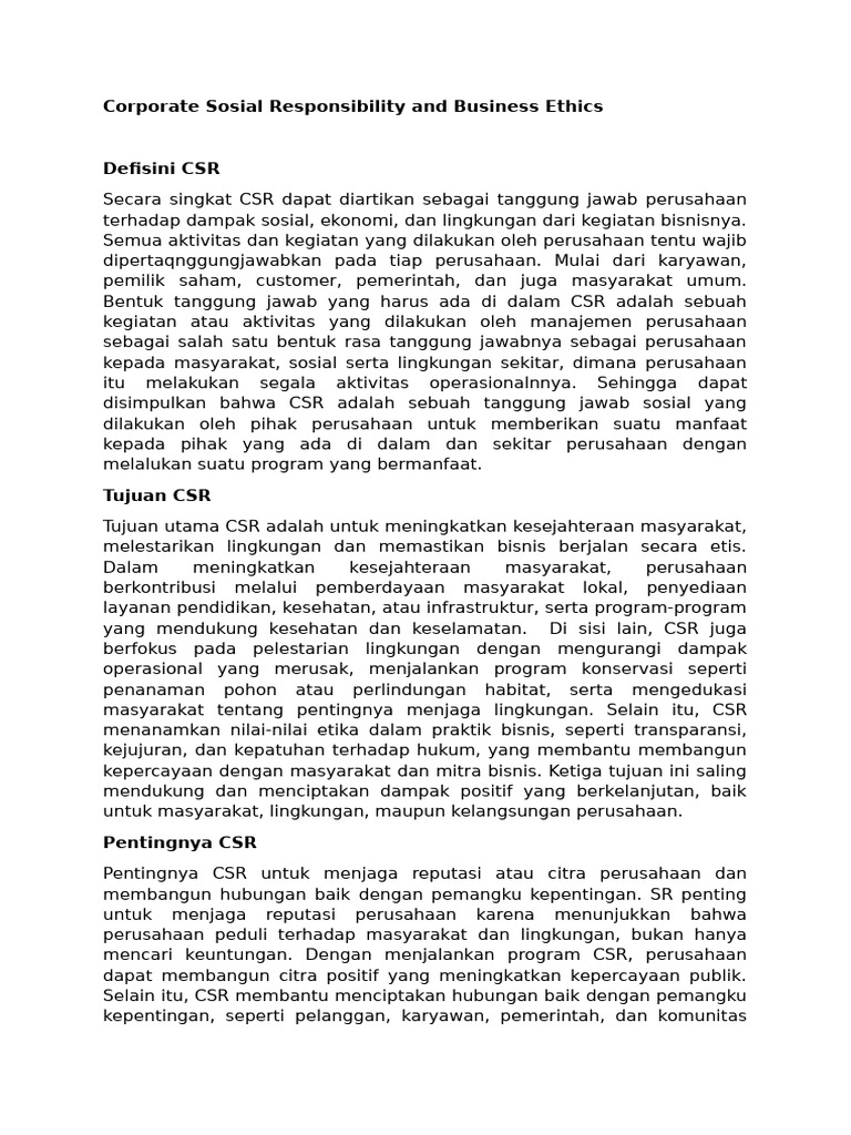 Corporate Sosial Responsibility and Business Ethics | PDF