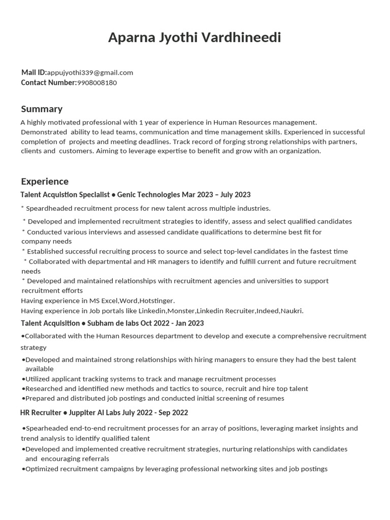 Aparna Jyothi Vardhineedi Resume | PDF | Recruitment | Human Resource ...