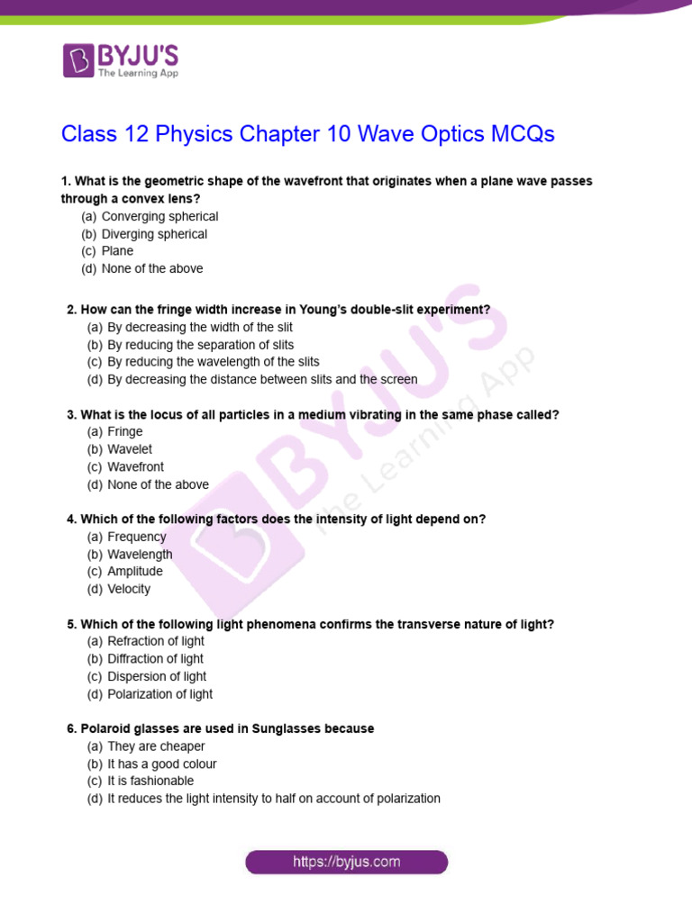 Chapter 10 Wave Optics MCQs | PDF