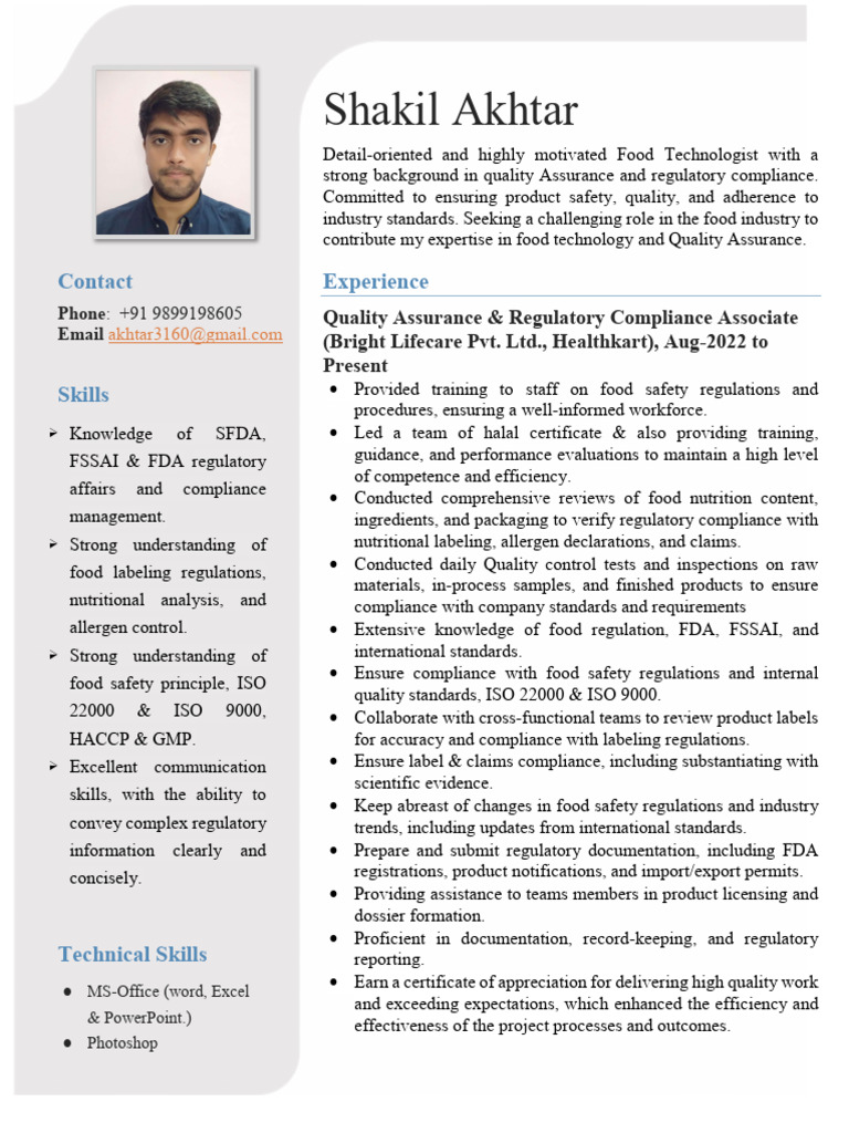 Shakil Resume-1 | PDF | Regulatory Compliance | Food Safety