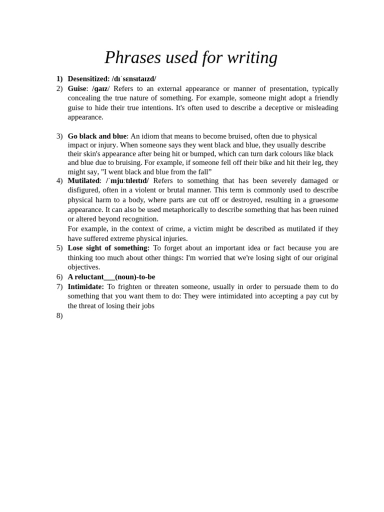 Writing Phrases and Their Meanings | PDF