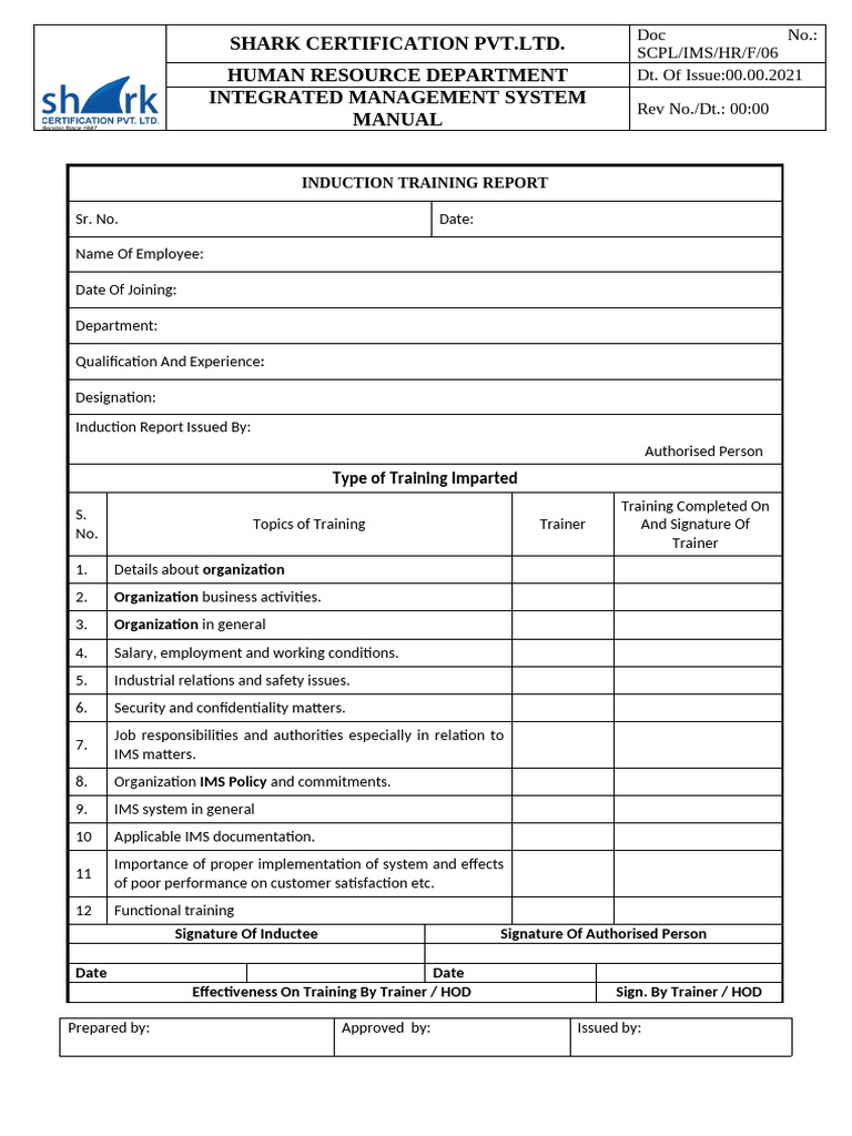 HRA 06 Induction Training Form | PDF | Human Resources | Labor