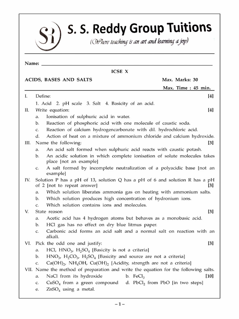 X - Test - Acids, Bases and Salts - Chemistry - 30M - Reduced | PDF