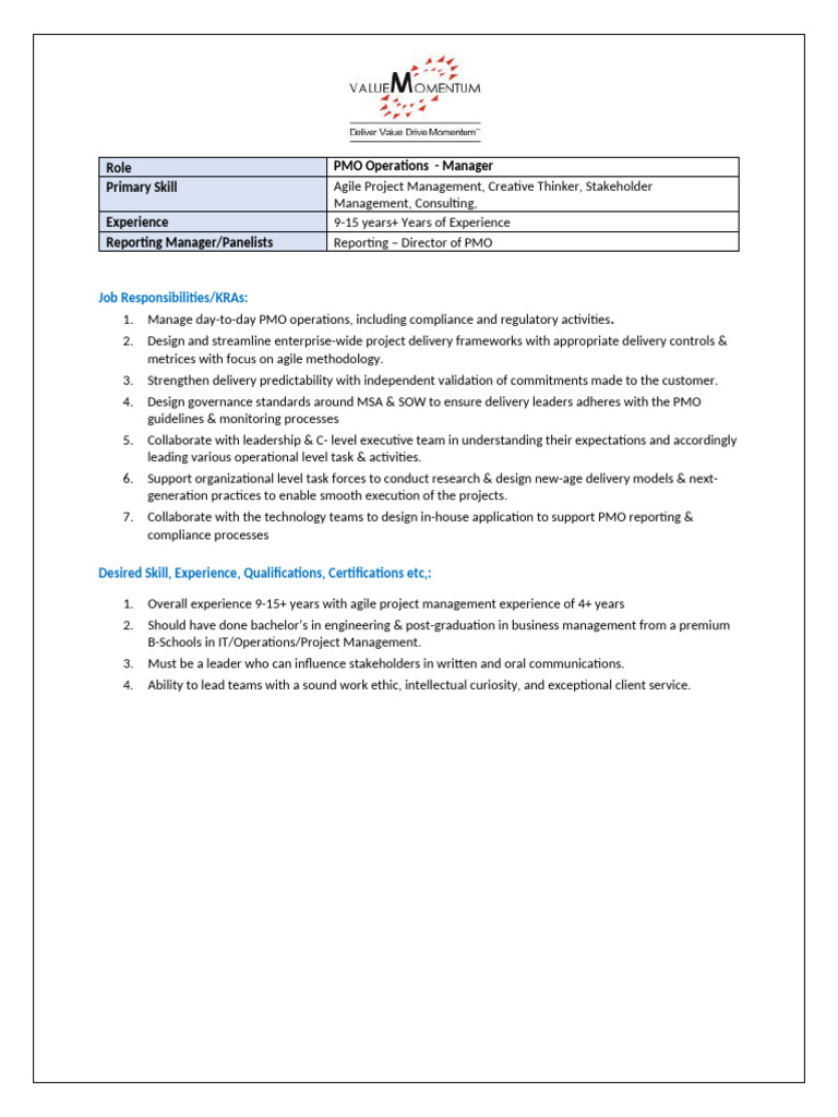 JD PMO Operations Manager | PDF