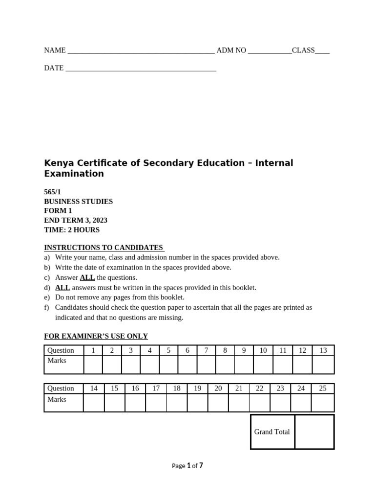 DD B Studies Form 1, Et 3,2023 | PDF | Business | Economies