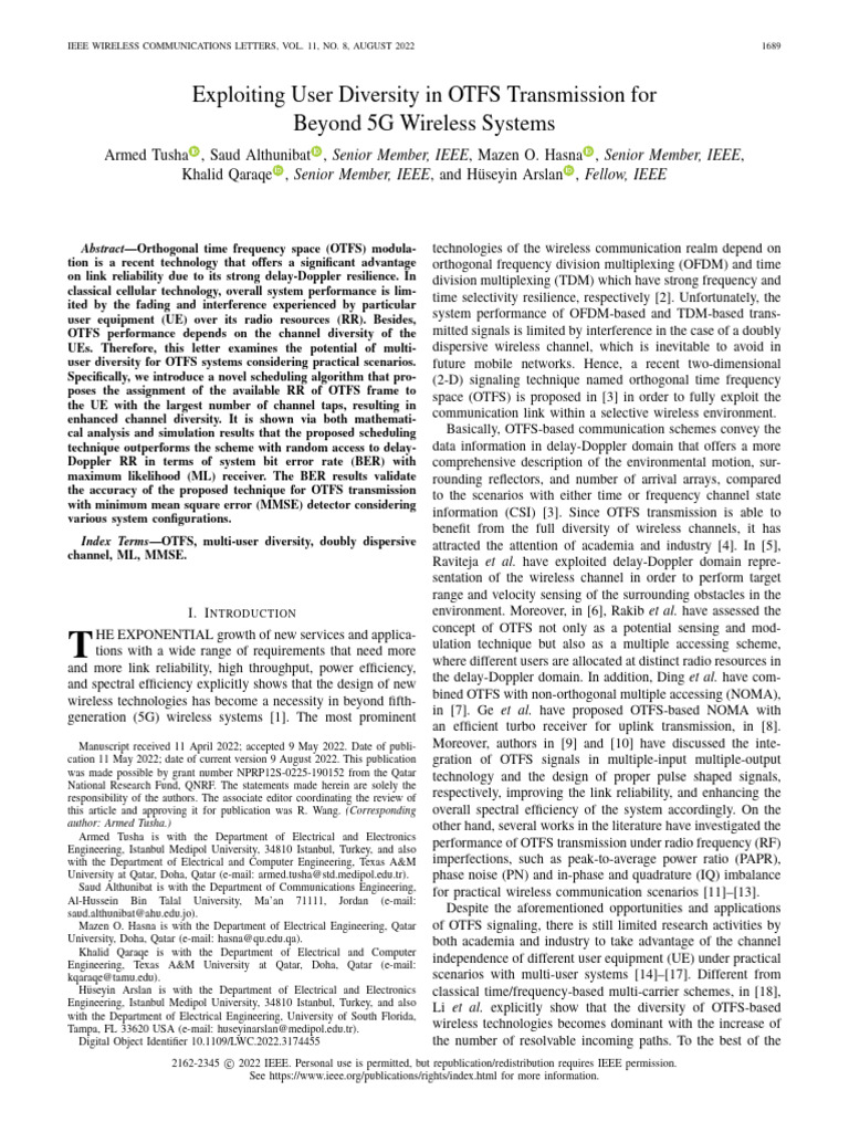 Exploiting User Diversity in OTFS Transmission For Beyond 5G Wireless Systems | PDF | Fast ...