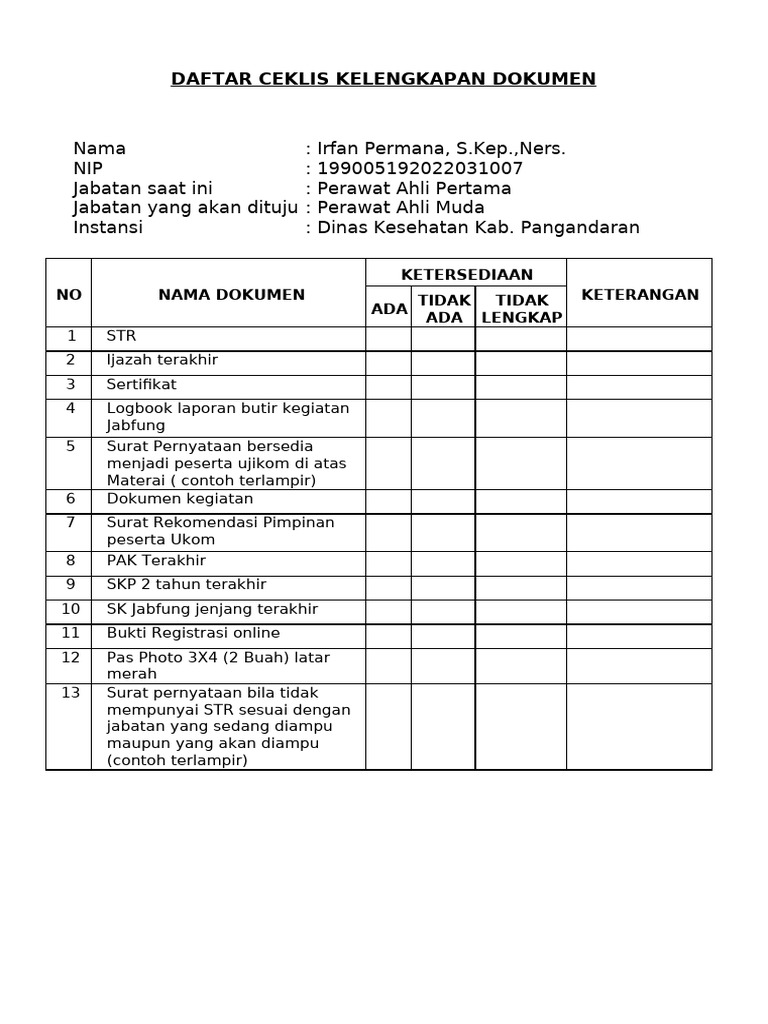 Ceklis Kelengkapan Berkas Uji Kompetensi | PDF