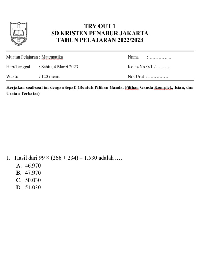 Soal TO-1 Matematika (2022'2023) - PPT | PDF